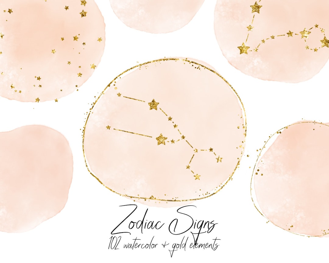 Gold Zodiac Signs Clip Art, Glitter & Foil, Blush Watercolor, Zodiac ...