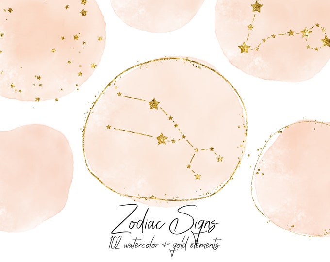 Gold Zodiac Constellations Clipart: Pink Watercolor Astrology (PNG ...