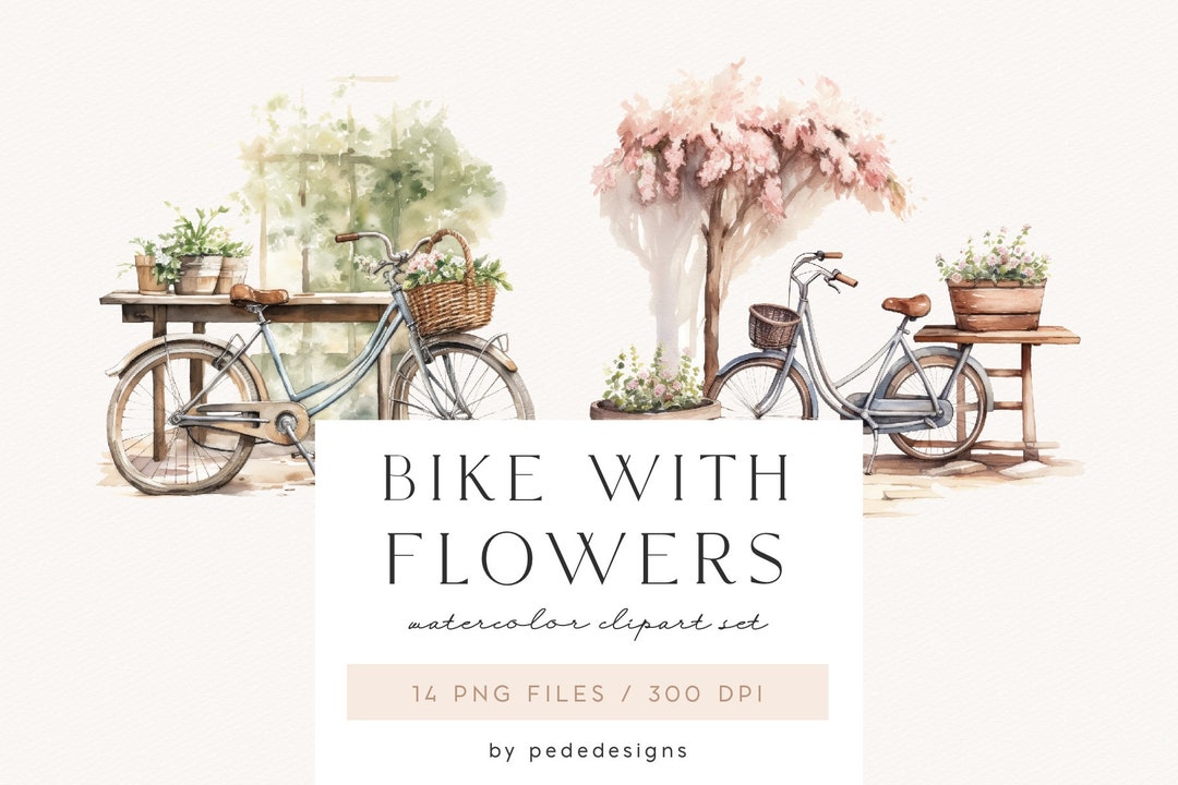 Bike With Flowers, Watercolor Clipart, Spring Graphics, Wedding Png ...