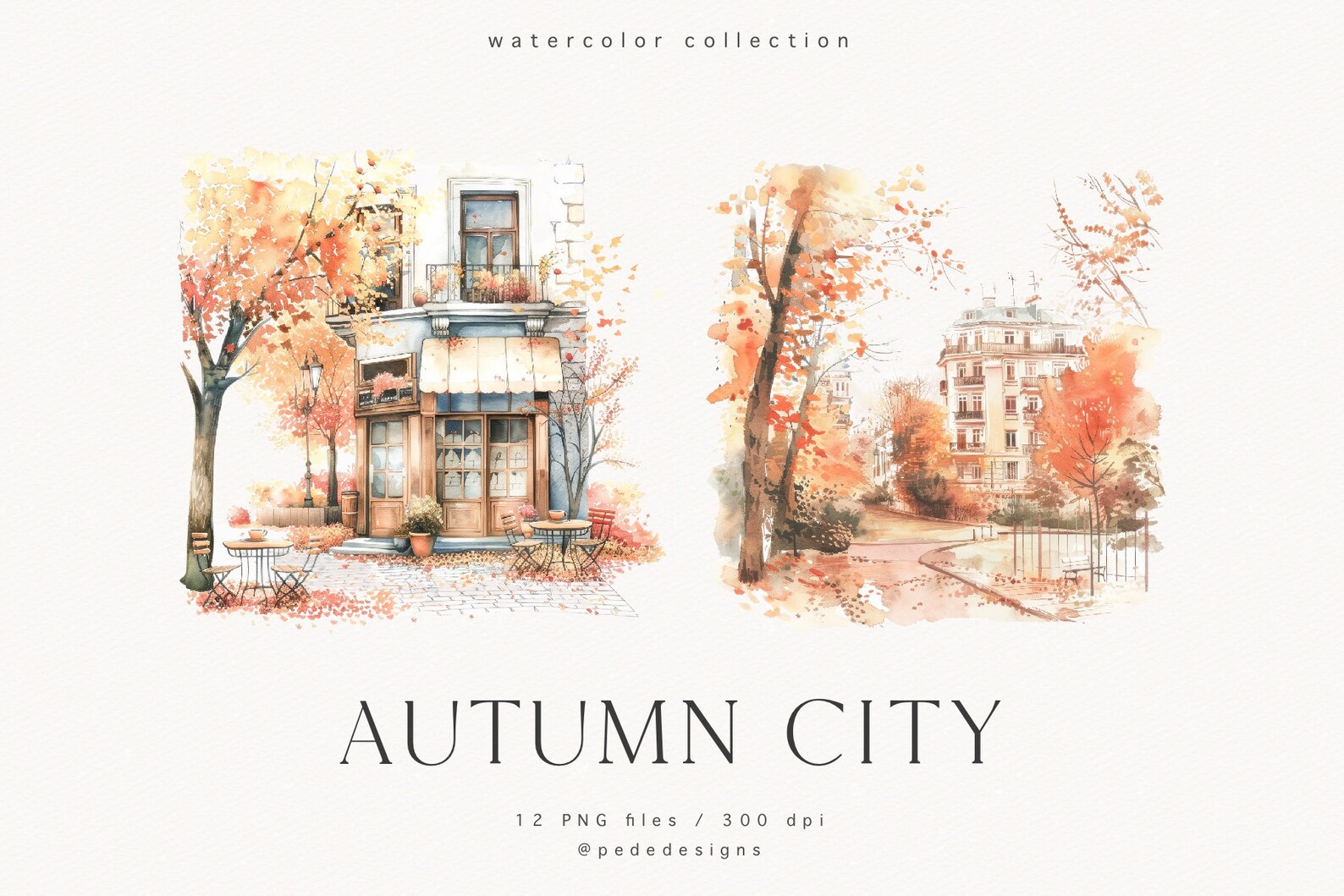 Autumn City Clip Art Set, Autumn Town, Watercolor Fall Scenery, Autumn ...
