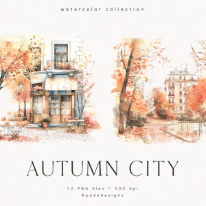 Autumn City Clip Art Set, Autumn Town, Watercolor Fall Scenery, Autumn ...