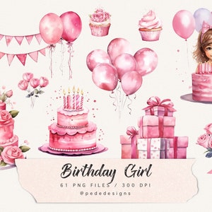 Watercolor Pink Birthday Clip Art, Birthday Girl Clipart, Party ...
