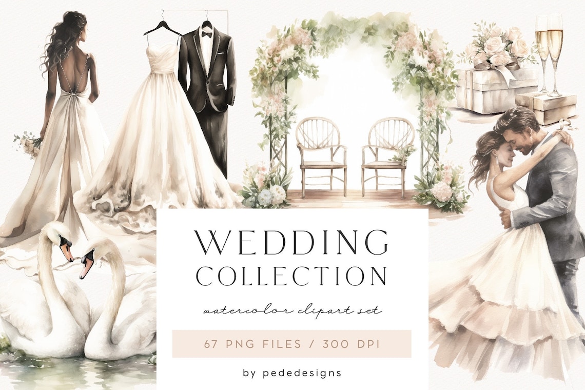 Watercolor Wedding Collection, Watercolor Wedding Graphics, Just ...