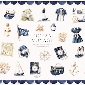 Watercolor Nautical Clipart: Ocean Voyage Graphics (PNG Download) - Etsy