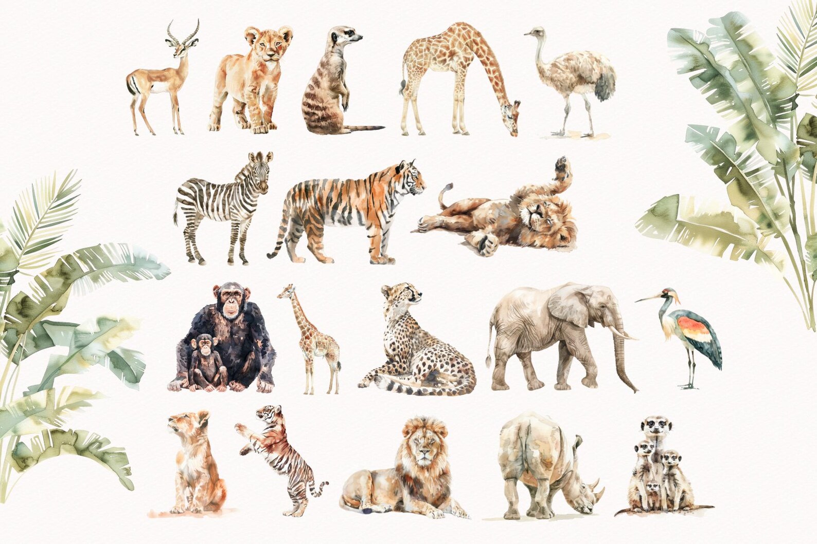 Watercolor Safari Animals Clipart: Jungle Baby Animals PNG (digital ...