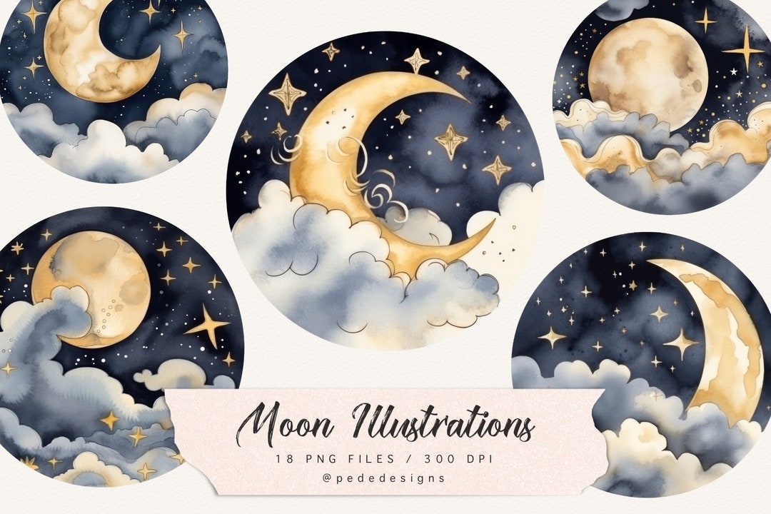 Watercolor Moon Illustrations, Moon Clipart, Night Sky, Moon & Stars ...