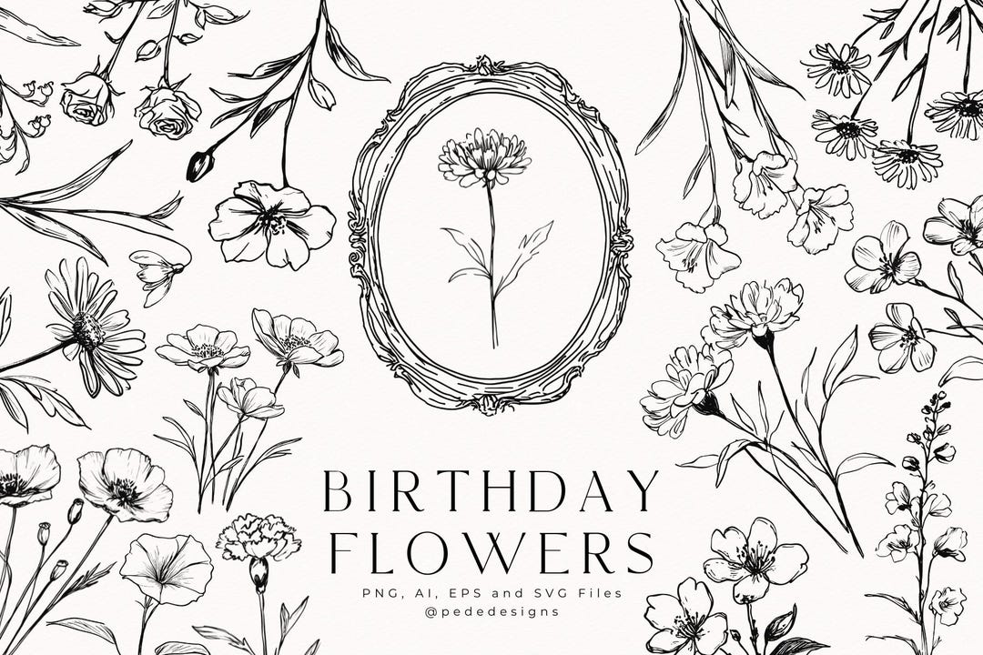 Birthday Flowers, Brush Line Art, Birth Flowers, Vector Files, Png ...