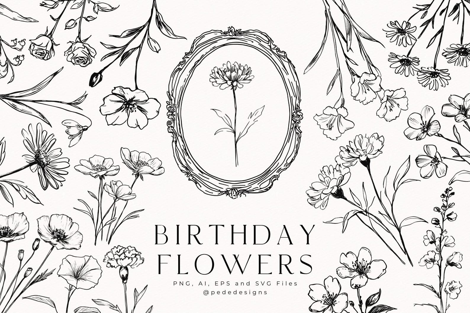 Birthday Flowers, Brush Line Art, Birth Flowers, Vector Files, Png ...