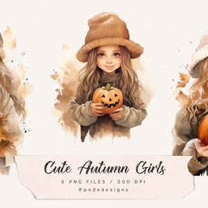 Cute Autumn Girls, Watercolor Adorble Clipart, Fall Png Graphics ...