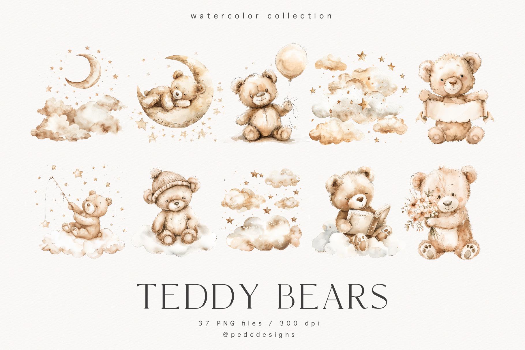 Teddy Bears Clip Art Set, Watercolor Clipart, Plush Animals, Nursery ...