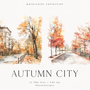 Autumn City Clip Art Set, Autumn Town, Watercolor Fall Scenery, Autumn ...