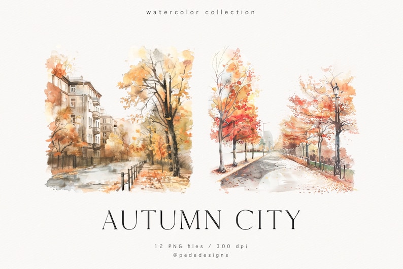 Autumn City Clip Art Set, Autumn Town, Watercolor Fall Scenery, Autumn ...