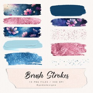 Brush Strokes Clipart, Galaxy, Floral, Pink Rose Foil, Blue Glitter ...