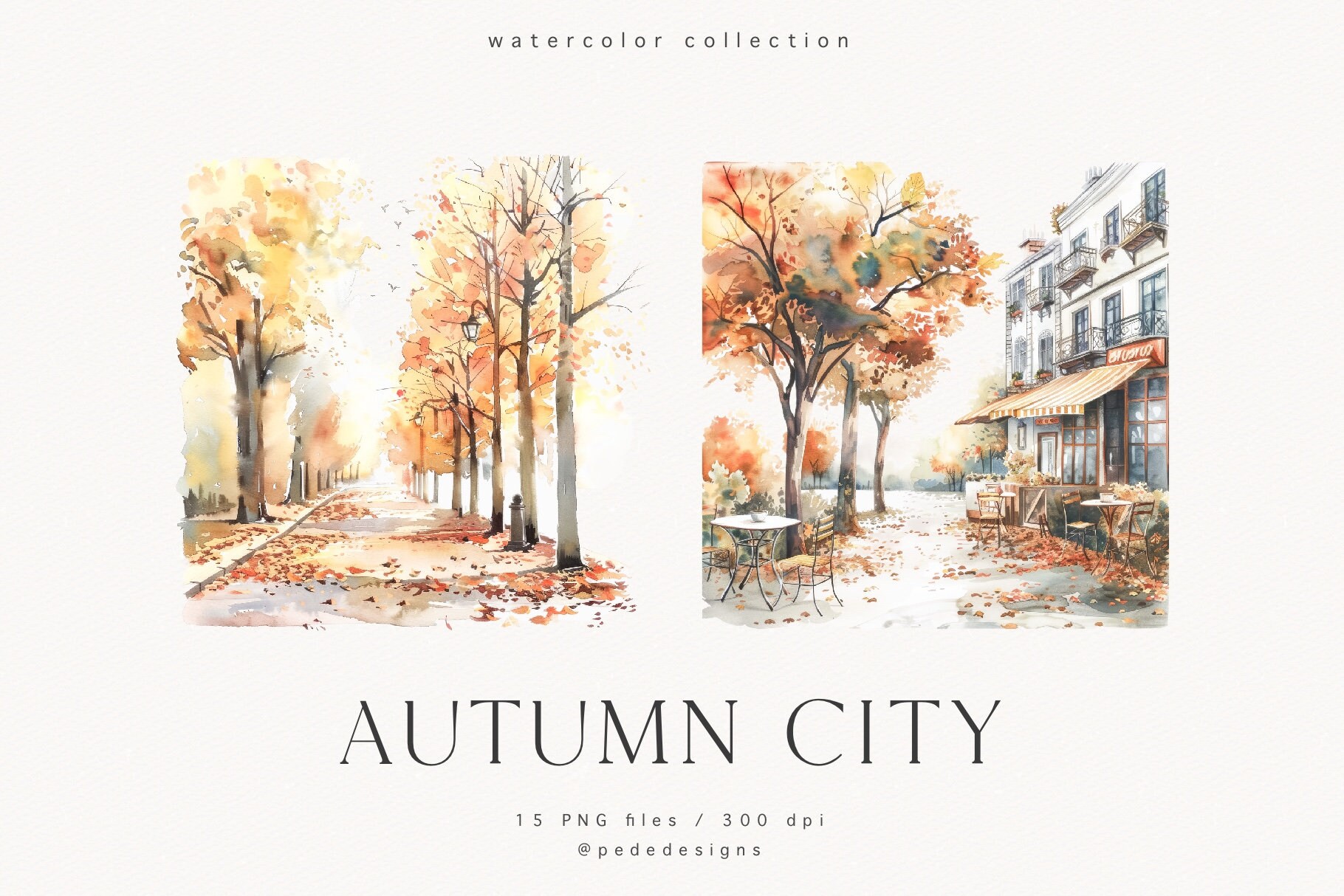 Autumn City Clip Art Set, Autumn Town, Watercolor Fall Scenery, Autumn ...