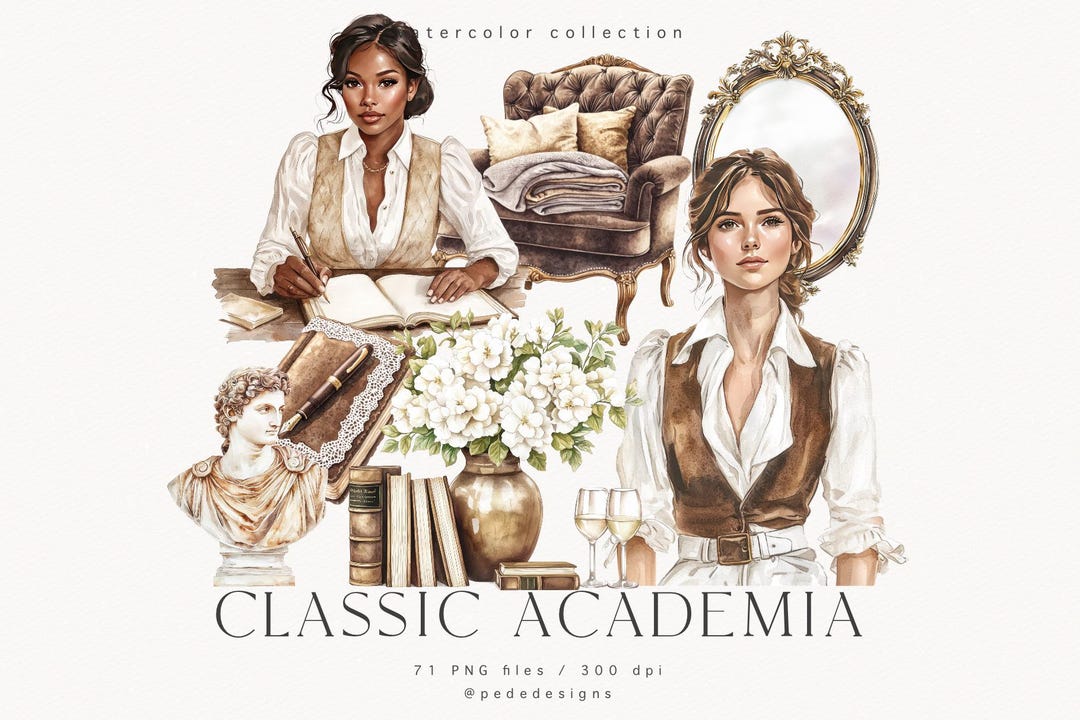 Classic Academia Clipart Bundle, Watercolor Cozy Clipart, Books Clipart ...