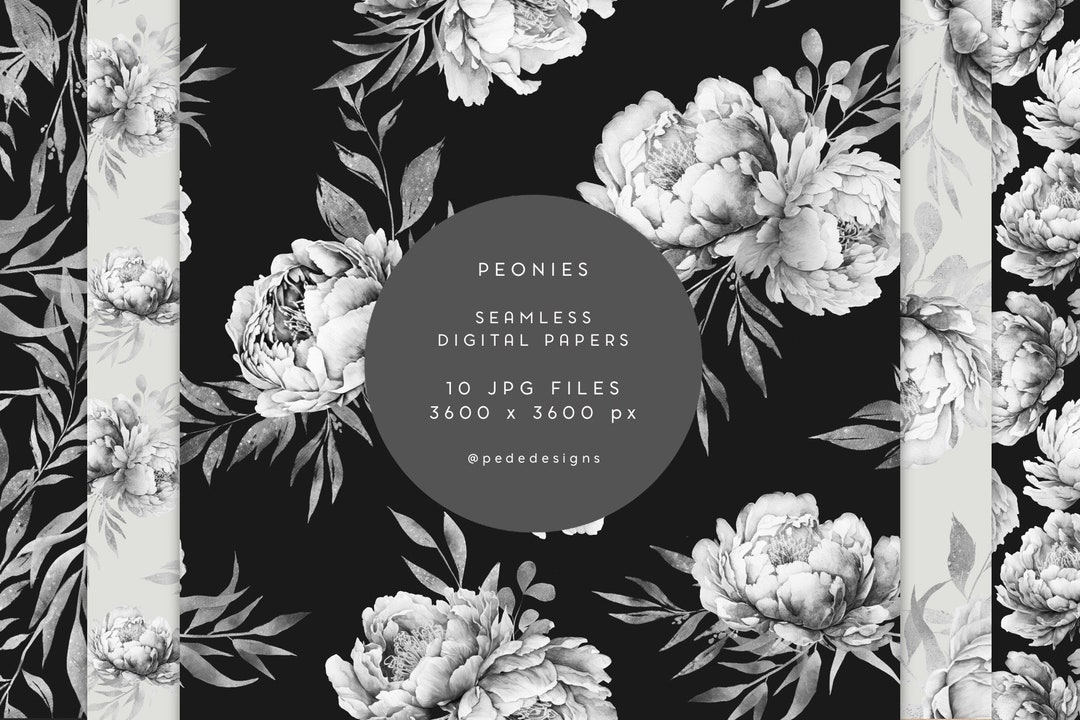 Peony Digital Paper: Black and White Floral Patterns (digital Download ...