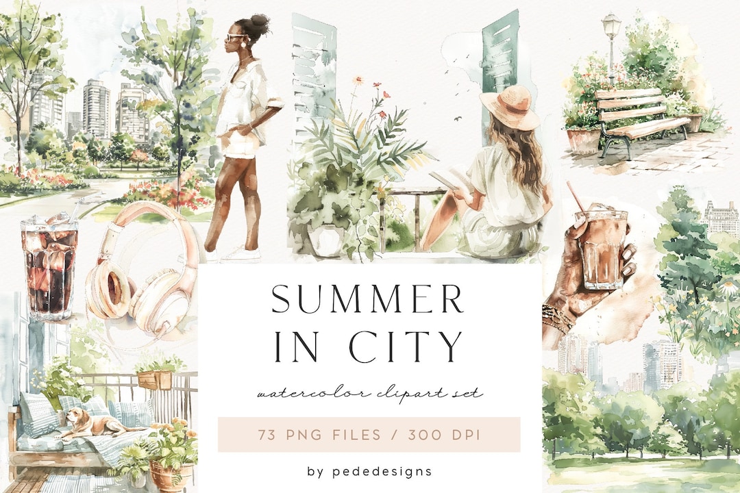Summer in City, Watercolor Summer Clipart, Travel Graphics, Greenery ...