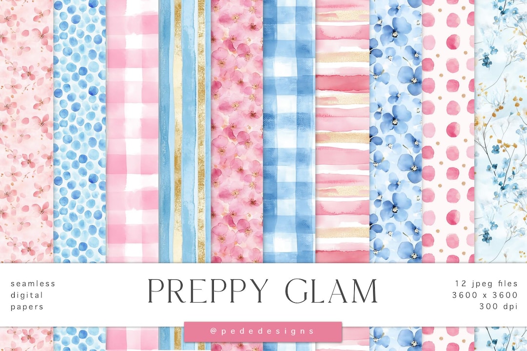 Preppy Glam Digital Paper Pack, Planner Girl, Pink Digital Papers, Pastel Blue Seamless Patterns ...