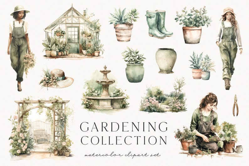 Gardening Collection, Watercolor Garden Plants, Spring Garden Graphics ...