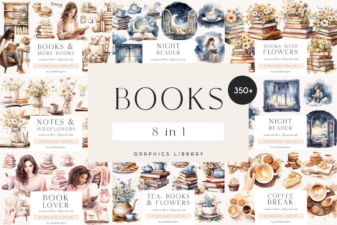 Books Bundle, Clipart Library, Watercolor Illustrations, Book Lover ...