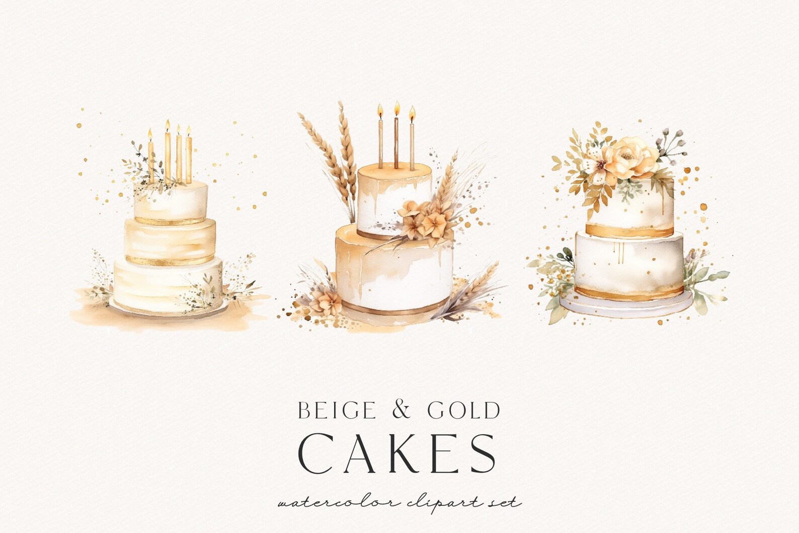 Beige & Gold Cakes Clipart, Wedding Clipart, Birthday Cake Illustration ...