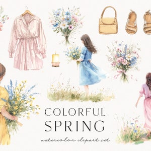 Colorful Spring Collection, Spring Time, Watercolor Girl Clipart ...