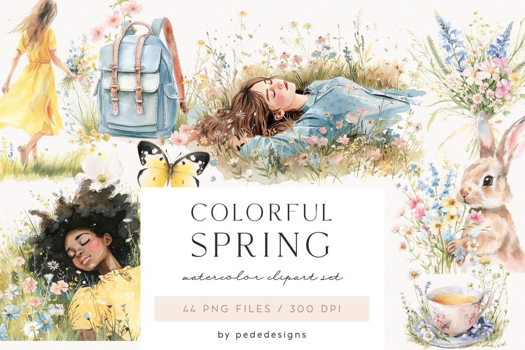 Colorful Spring Collection, Watercolor Seasonal Graphics, Girl Clipart ...