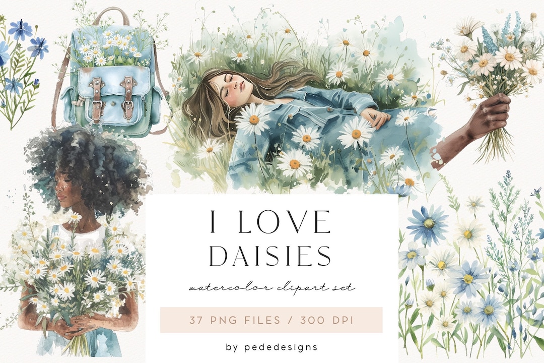 I Love Daisies Collection, Watercolor Daisies Graphics, Girl Clipart ...