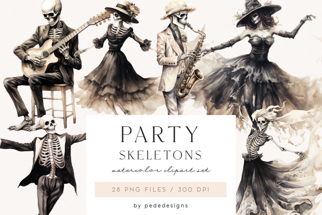 Party Skeletons Clipart, Watercolor Halloween Clipart, Spooky Clipart ...