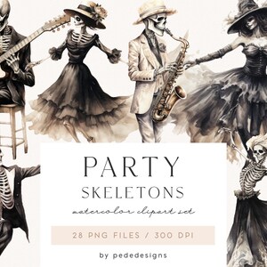 Party Skeletons Clipart, Watercolor Halloween Clipart, Spooky Clipart ...
