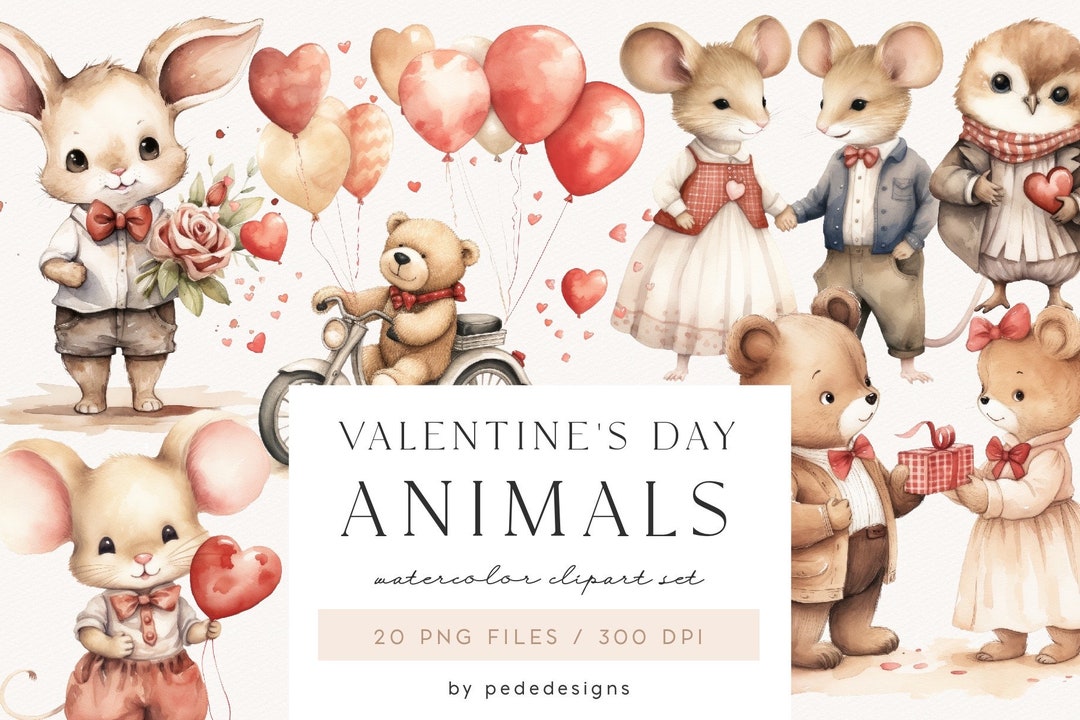 Watercolor Valentine's Day Clipart, Watercolor Baby Animals, Romantic ...