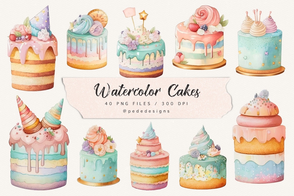 Watercolor Cakes Clip Art Birthday Clipart Dessert - Etsy