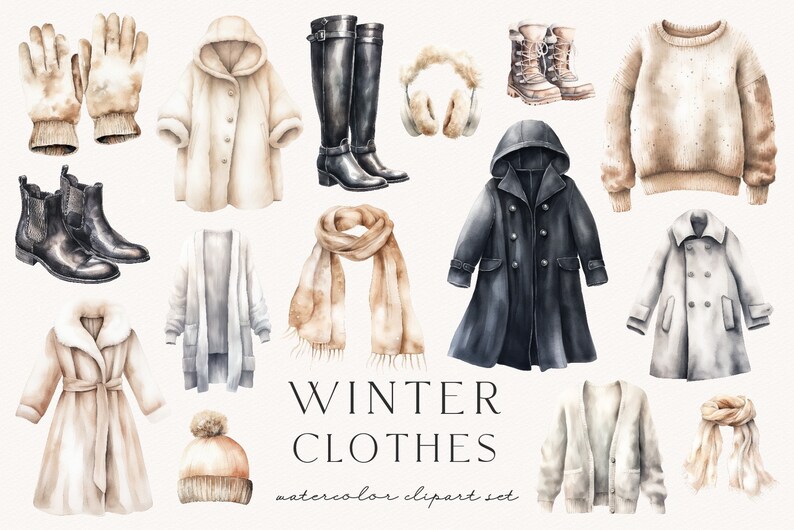 Winter Clothes Clipart Set | Watercolor Coats, Sweaters & Boots | Cozy ...