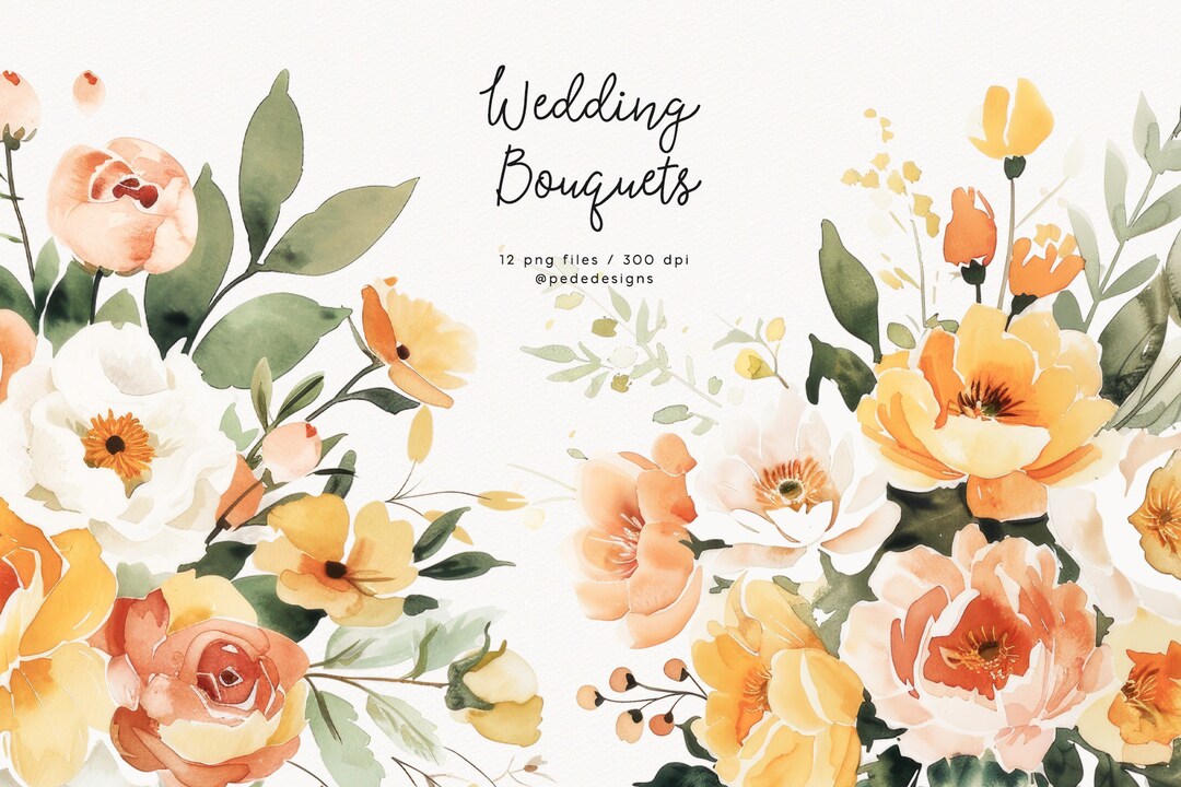 Wedding Bouquets, Watercolor Peach Flowers, Floral Clipart, Wedding ...