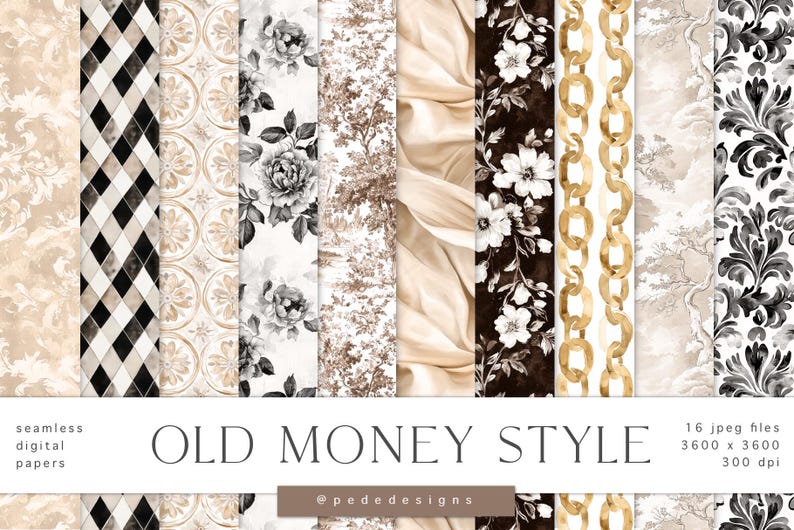 Old Money Style Digital Papers, Luxury Floral Patterns, Watercolor Silk ...