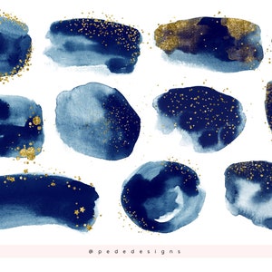 Watercolor Strokes Clipart, Gold Glitter, Navy Blue Watercolor Splash ...