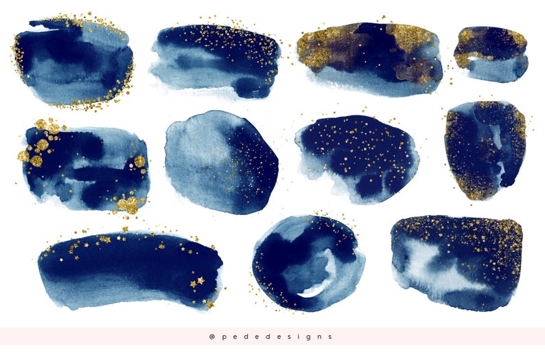 Watercolor Strokes Clipart, Gold Glitter, Navy Blue Watercolor Splash ...