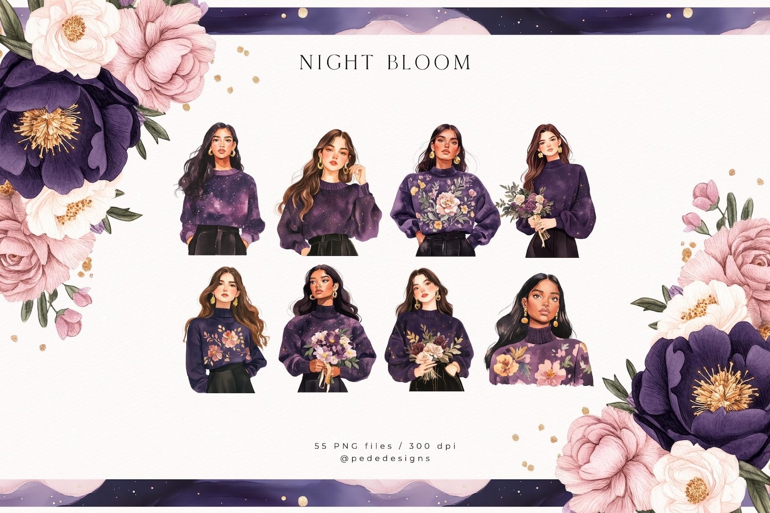 Night Bloom Collection, Clipart Library, Watercolor Illustrations ...