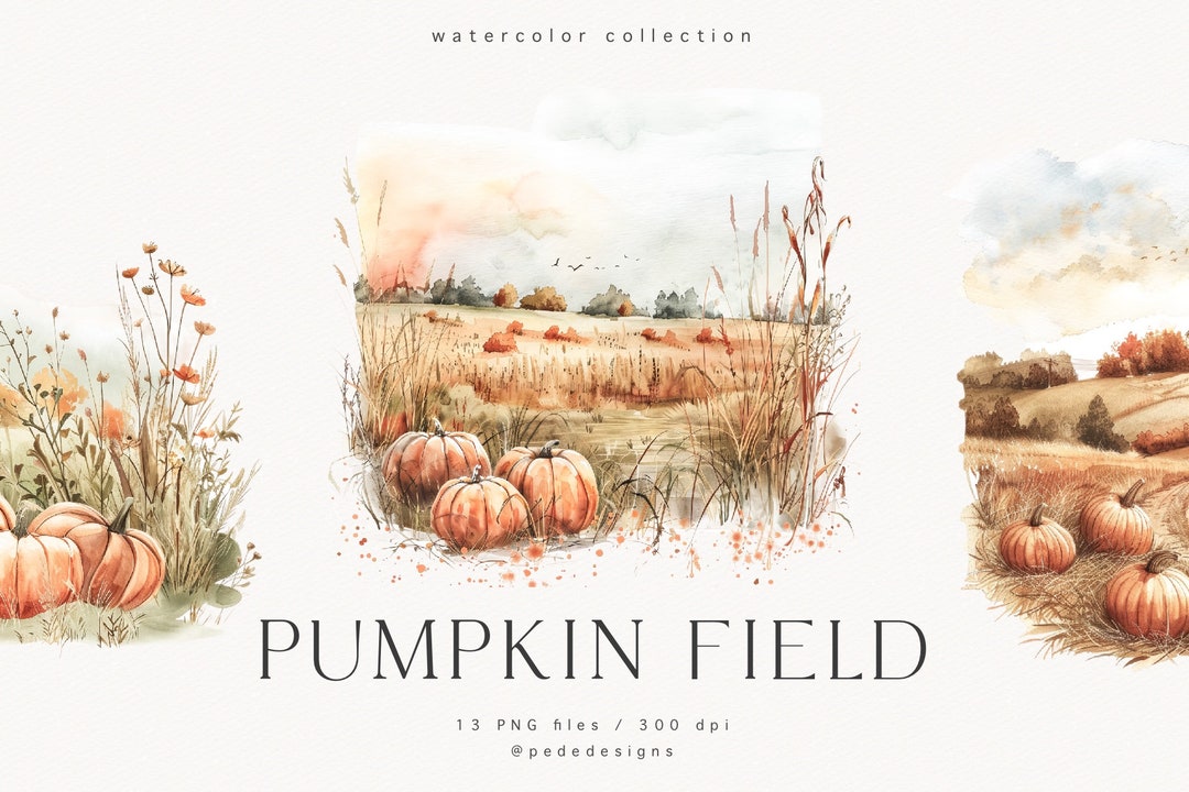Pumpkin Field Clip Art Set, Watercolor Landscape, Watercolor Fall ...