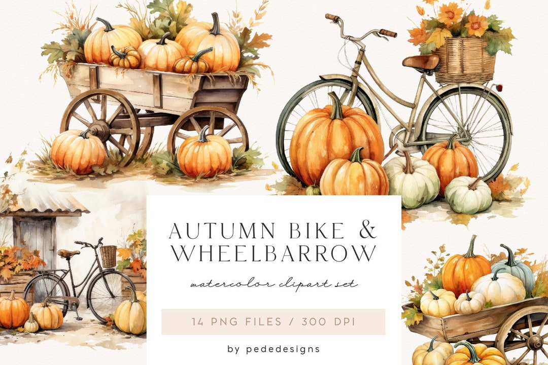 Autumn Bike & Wheelbarrow, Watercolor Autumn Clipart, Cozy Fall ...