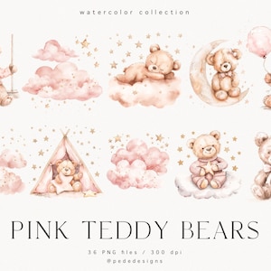Pink Teddy Bears Clip Art Set, Watercolor Clipart, Plush Animals ...