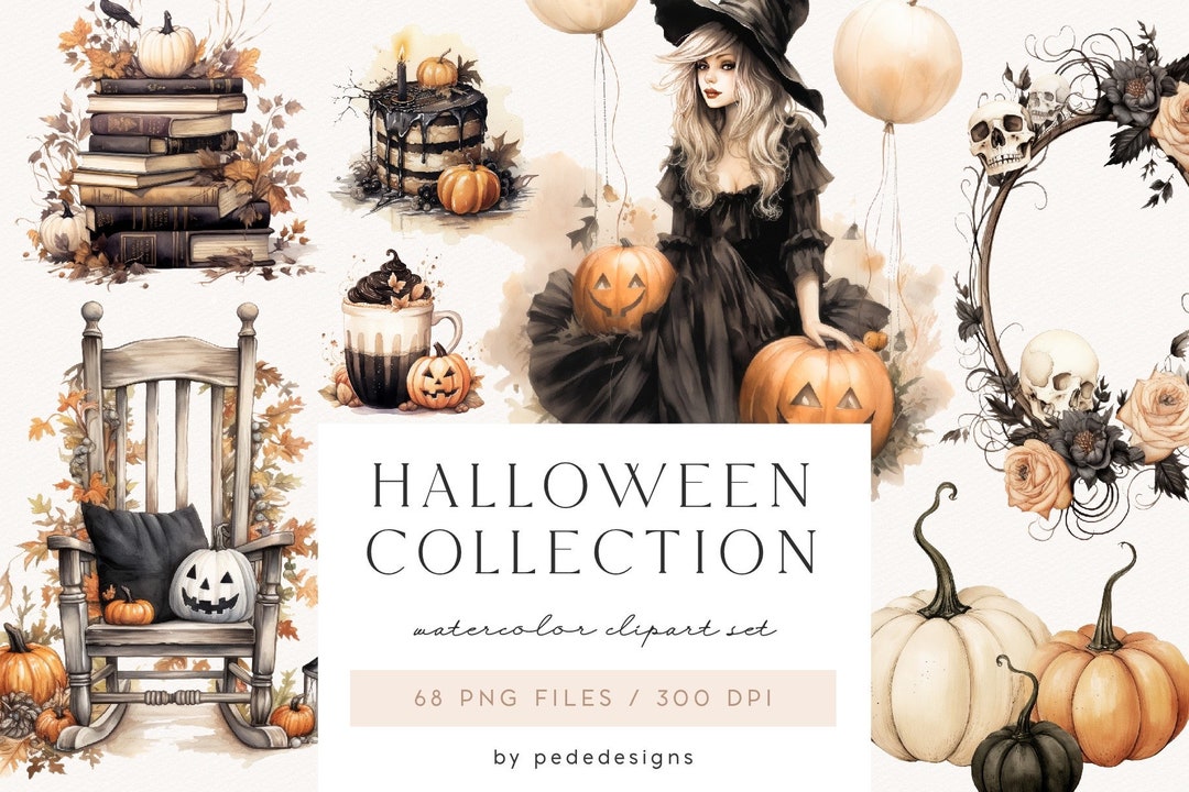 Halloween Collection Clipart, Watercolor Halloween Clipart, Scary ...