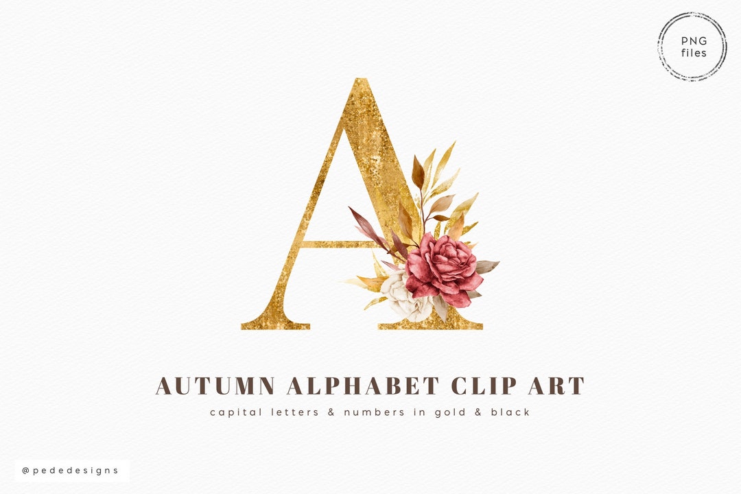 Decorative Alphabet Clipart, Letters With Leaves, Gold Foil Alphabet ...