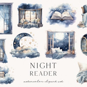 Night Reader, Watercolor Books Clipart, Moon and Stars, Night Reading ...