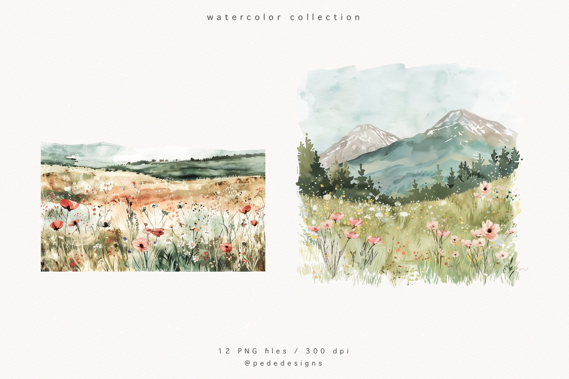 Watercolor Summer Landscape Clipart: Meadow, Mountains, Floral Field ...