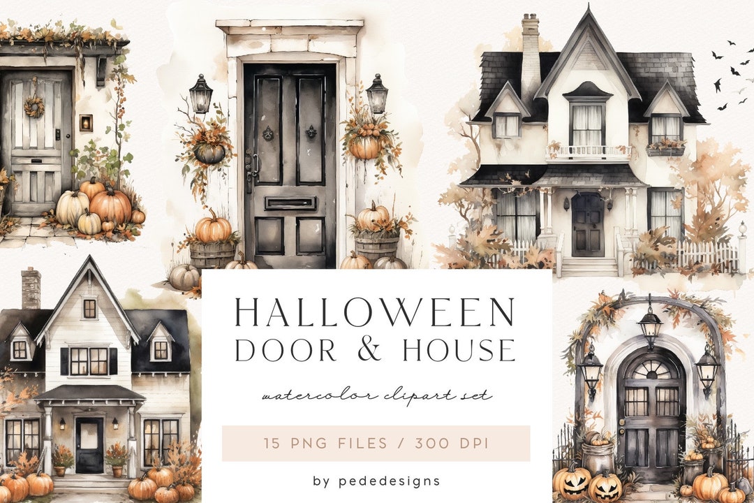 Halloween Door & House Clipart, Watercolor Halloween Clipart, Spooky ...