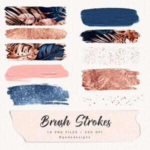 Brush Strokes Clipart, Tropical, Navy Blue, Rose Gold Foil, Blue ...