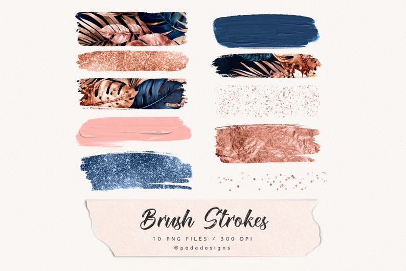 Brush Strokes Clipart, Tropical, Navy Blue, Rose Gold Foil, Blue ...