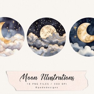 Watercolor Moon Illustrations, Moon Clipart, Night Sky, Moon & Stars ...