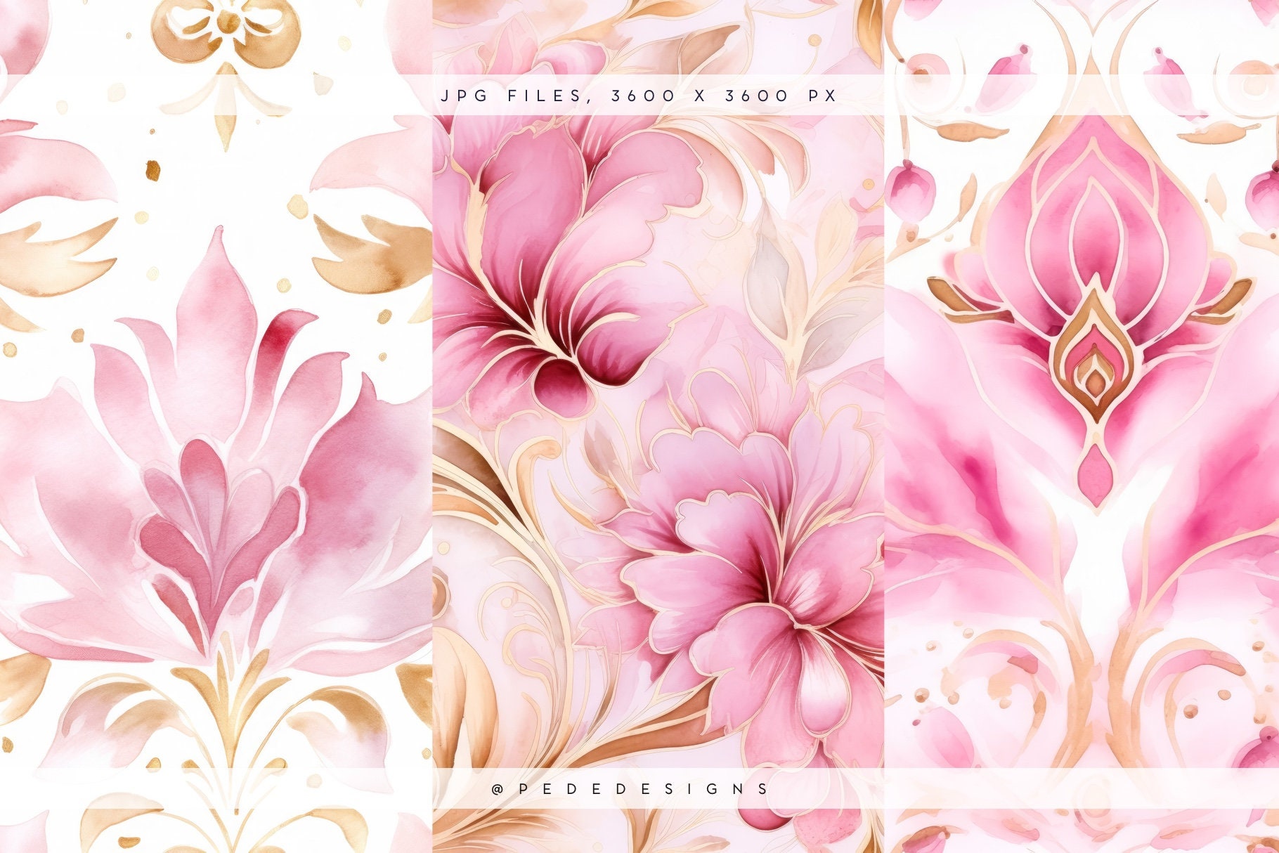 Pink & Gold Royal Digital Paper Pack, Watercolor Seamless Papers ...